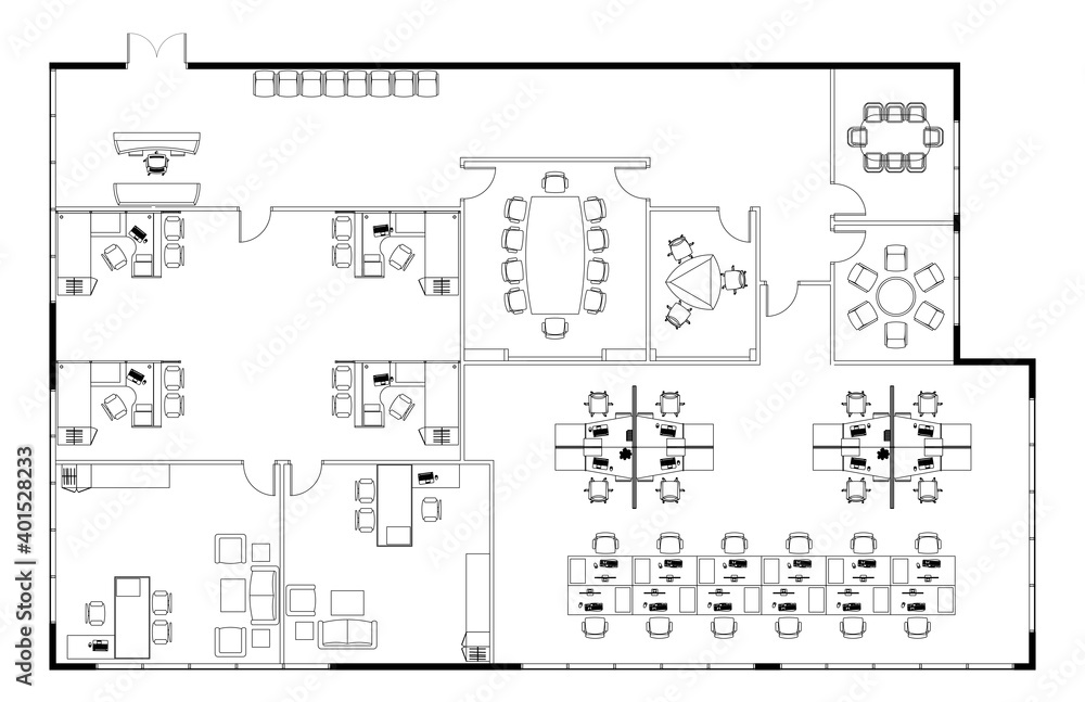 An office layout drawing complete with the office furniture in 2D CAD ...