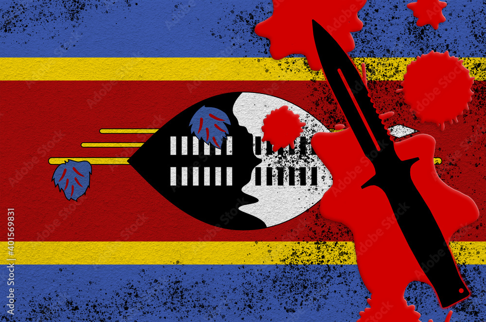 Swaziland flag and black tactical knife in red blood. Concept for ...