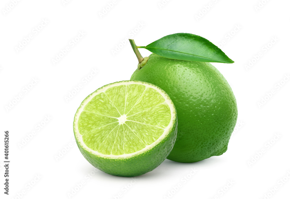 Natural green lime with cut in half isolated on white background. Stock ...