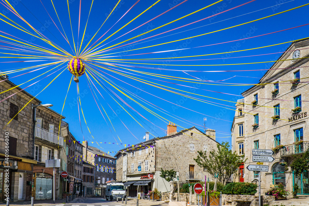 The main square of Tence (place de l'Hôtel de ville), a small town in ...