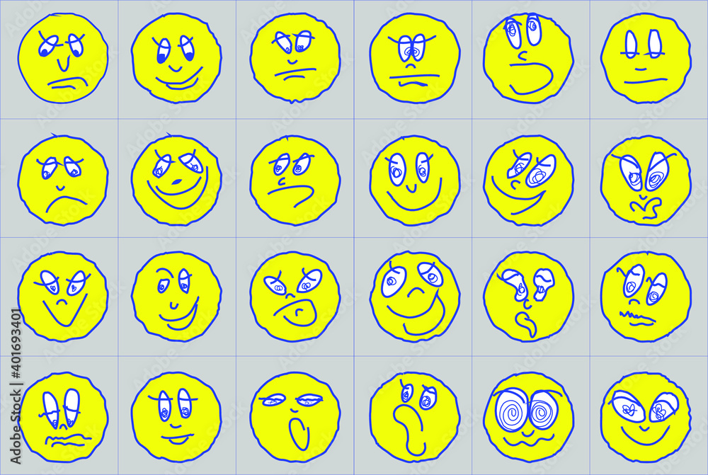 24 fun and comic emoticons drawn with several lines. Clean design ...