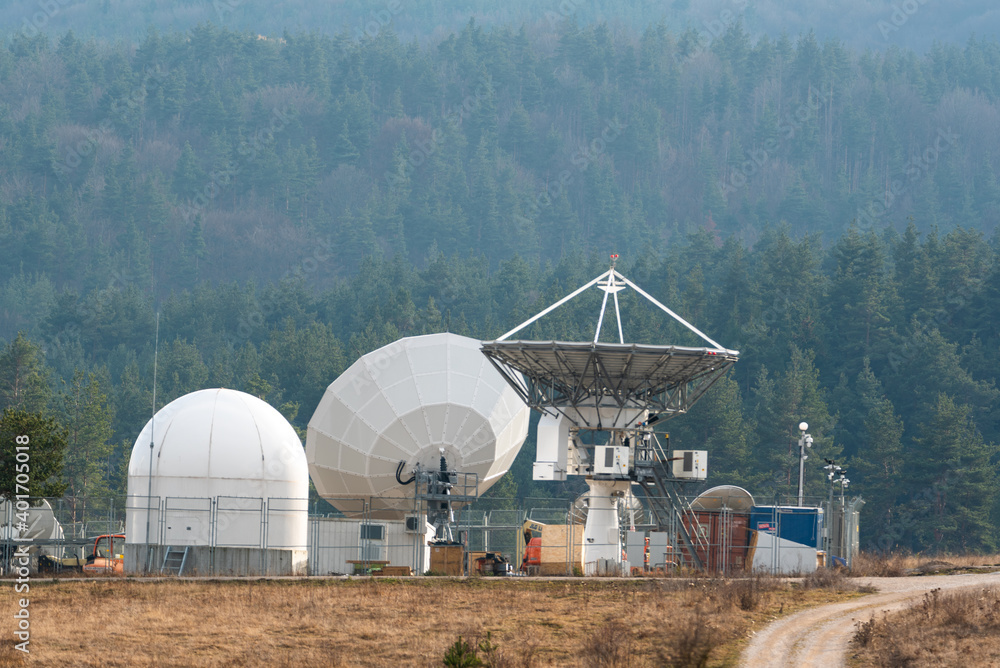 Big satellite dish antennas hidden in green pine tree forest ...
