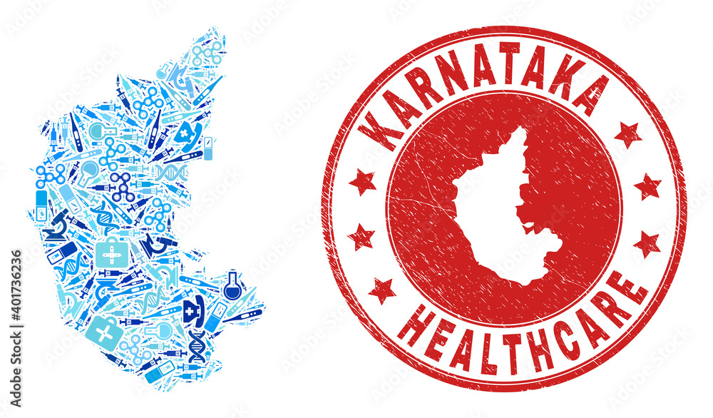 Vector mosaic Karnataka State map with injection icons, analysis ...