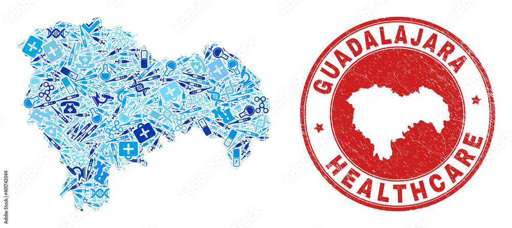 Vector de Stock Vector collage Guadalajara Province map with dose icons ...