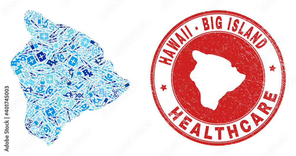 Vector collage Hawaii Big Island map with vaccination icons, first aid ...