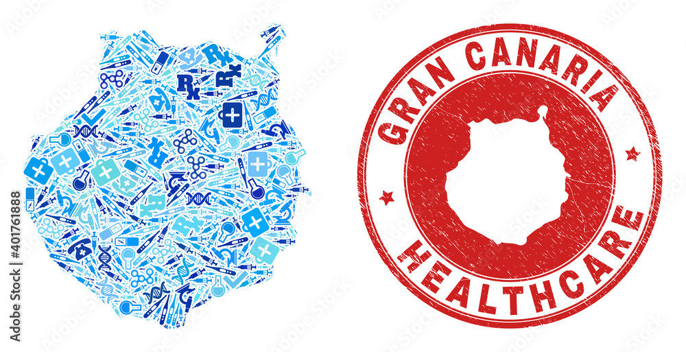 Vector collage Gran Canaria map with inoculation icons, labs symbols ...