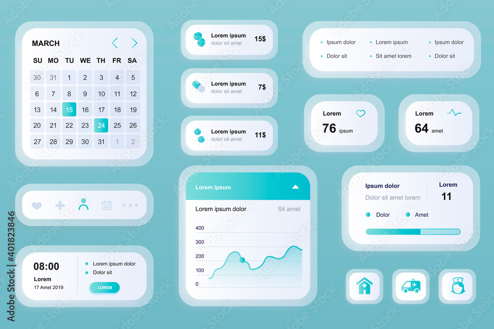 GUI elements for medicine mobile app. Online medical services in clinic ...