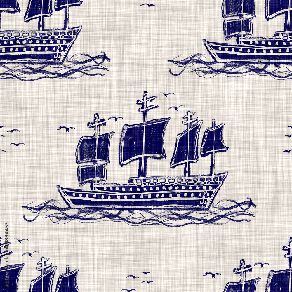 Nautical navy blue sailing boat on burlap linen texture background ...