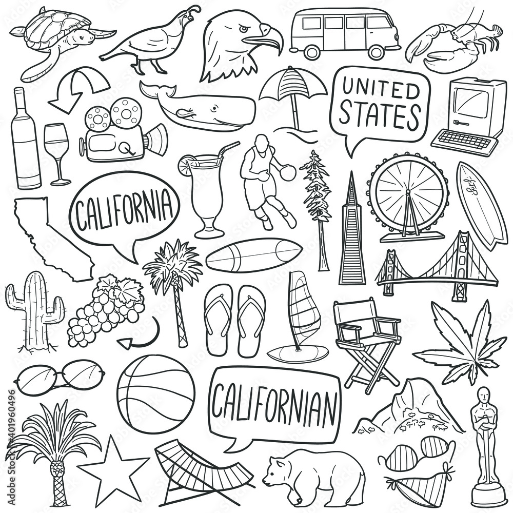 California doodle icon set. Californian Vector illustration collection ...