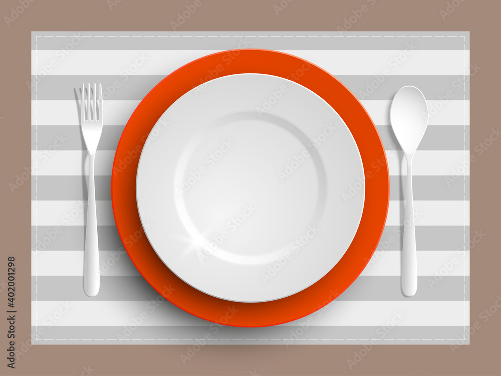 Plate, spoon and fork isolated on napkin background. Canteen icon ...