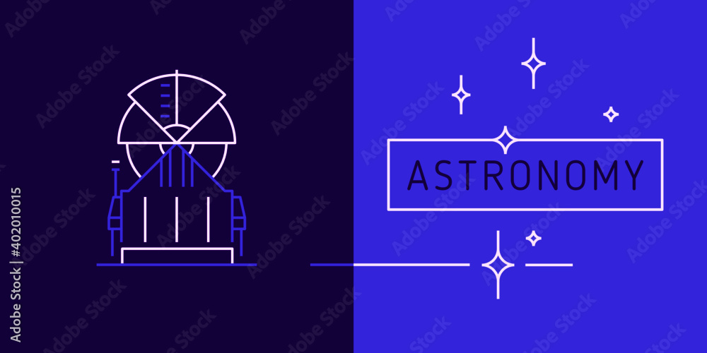 Contour illustration telescope building in trendy minimal style. Vector linear icon observatory ...