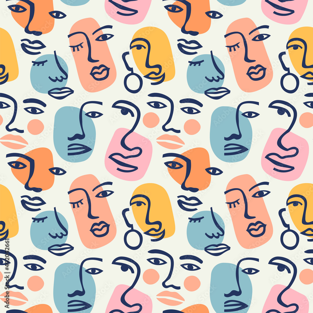 Woman face seamless pattern illustration. Diverse woman faces in ...