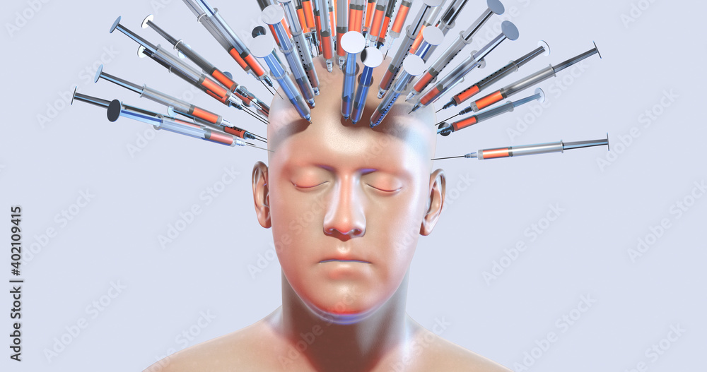 Multiple Syringes Injected On The Head. Patient Struggling With Heavy ...