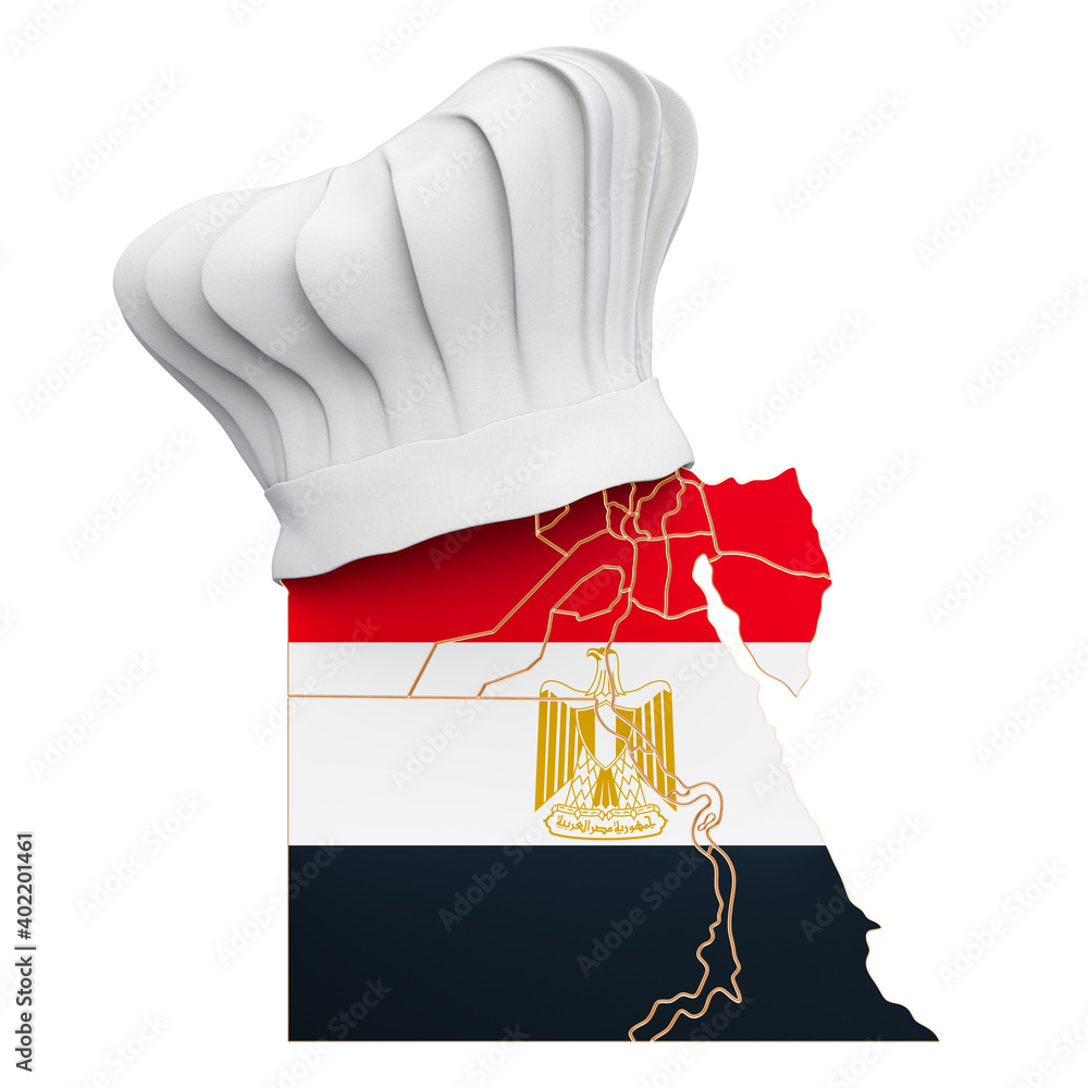 Egyptian national cuisine concept. Chef hat with map of Egypt. 3D ...