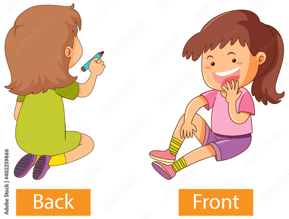 Opposite preposition words with back and front Stock Vector | Adobe Stock