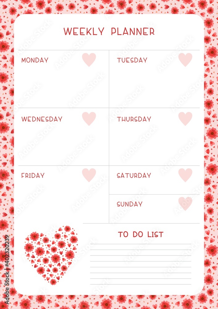 Week timetable and habit tracker red flowers and hearts flat vector ...