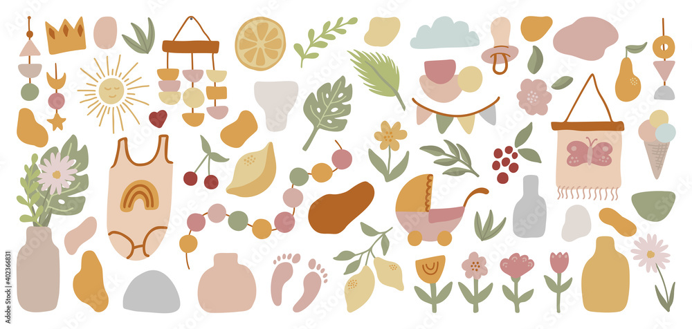 Big set vector hand drawn boho nursery clipart. Doodle illustrations in ...
