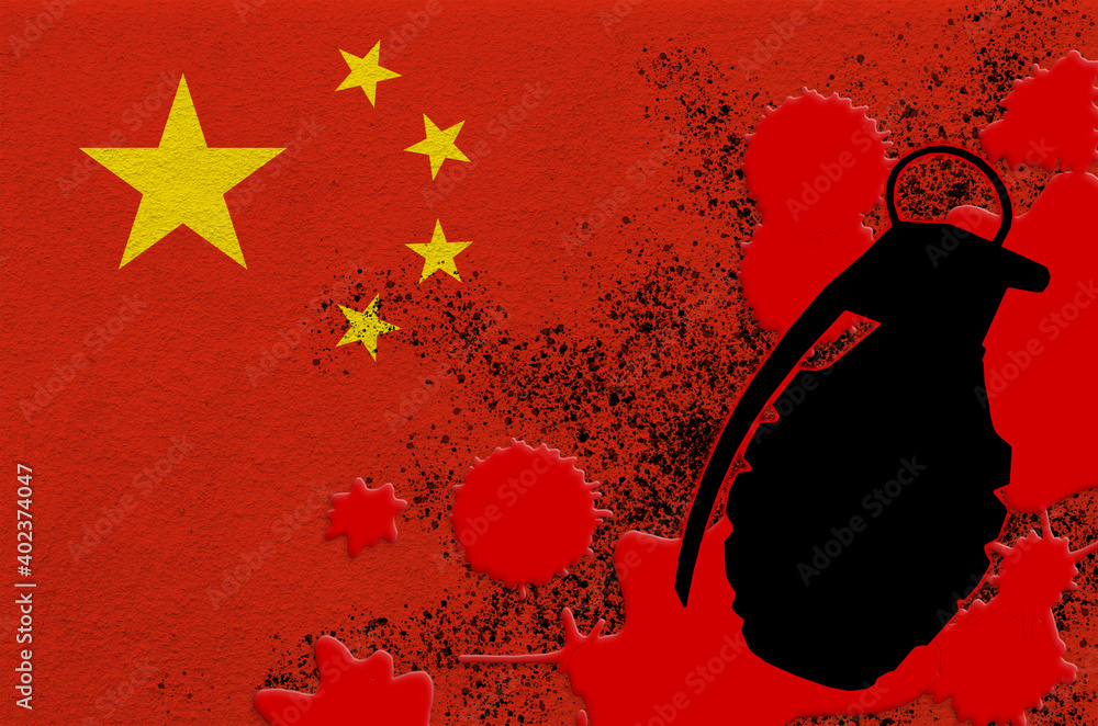 China flag and MK2 frag grenade in red blood. Concept for terror attack ...