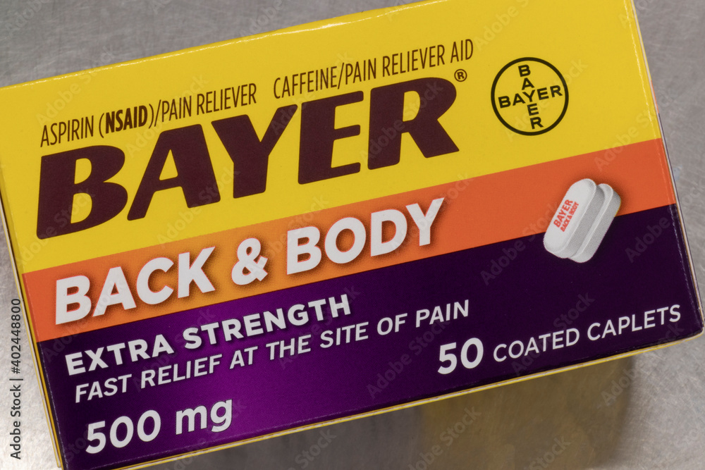 Indianapolis - Circa December 2020: Bayer extra strength aspirin. Bayer ...