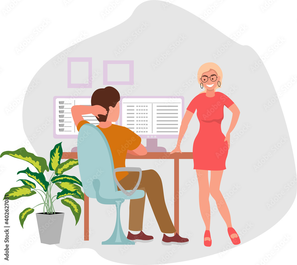 Young girl flirting with a man in the office and distracting him from ...