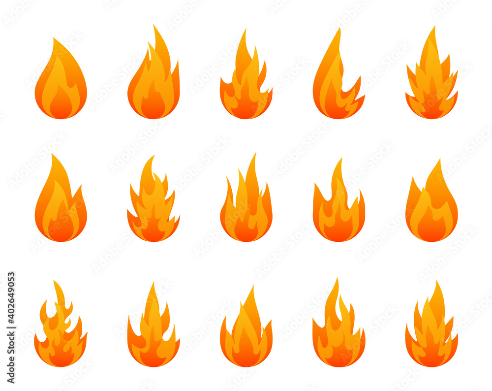 Fiery flame icon set. Orange fire vector icons. Hot flaming elements ...
