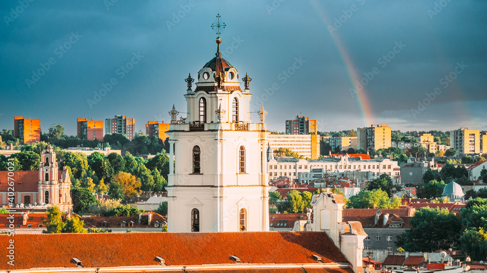 Fotografie Vilnius, Lithuania. Sunset Cityscape Of Vilnius, Lithuania ...