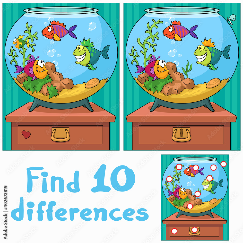 Funny fish in the aquarium. Find 10 differences. Educational game for ...