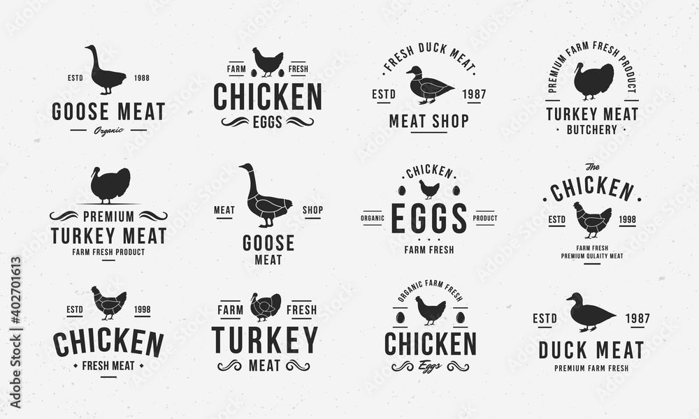 Poultry logo set. Vintage Hen, Goose, Duck, Turkey logo templates with ...