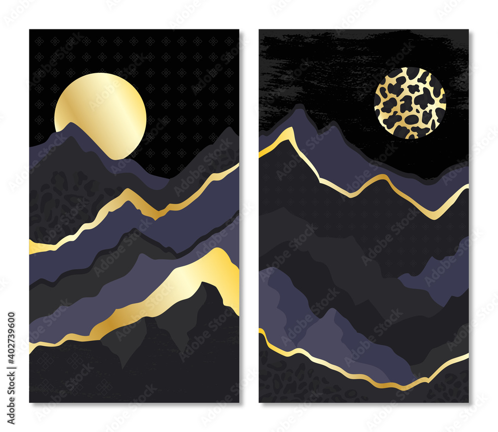 Gold full moon above mountain tops vector illustration stories set ...