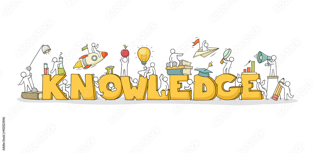 Sketch of little people with word Knowledge. Doodle cute miniature ...