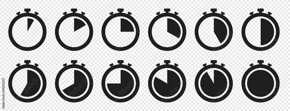 Timers icon set on transparent background. Stopwatch symbol. countdown clock counter timer ...