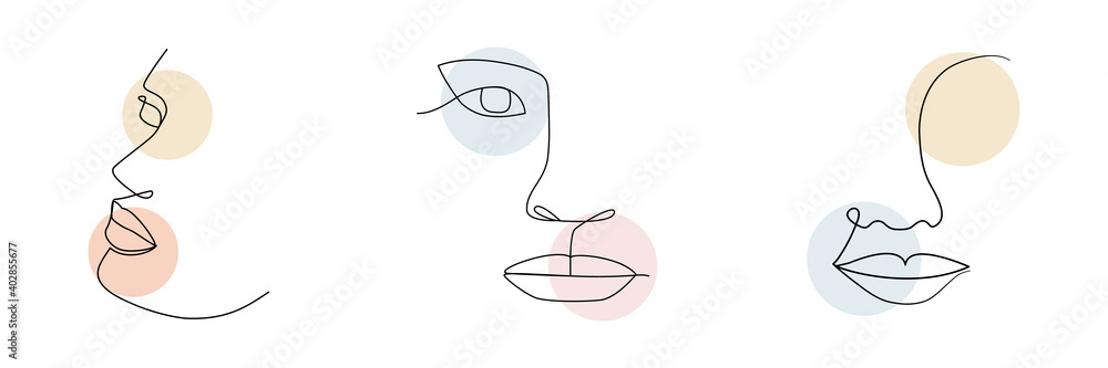 One line woman drawing face set. Minimalism art. Female contour ...