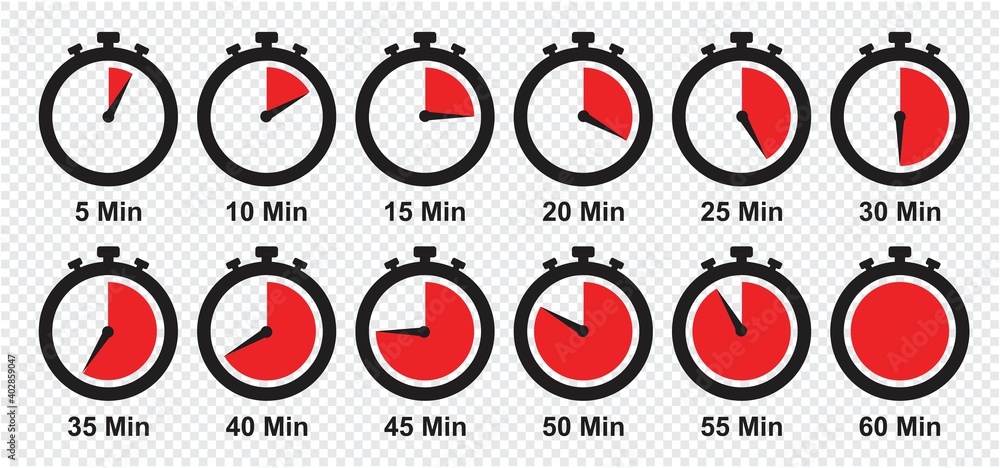 Timers icon set on transparent background. Stopwatch symbol. countdown clock counter timer ...