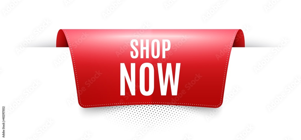 Shop now symbol. Red ribbon label tag. Special offer sign. Retail ...