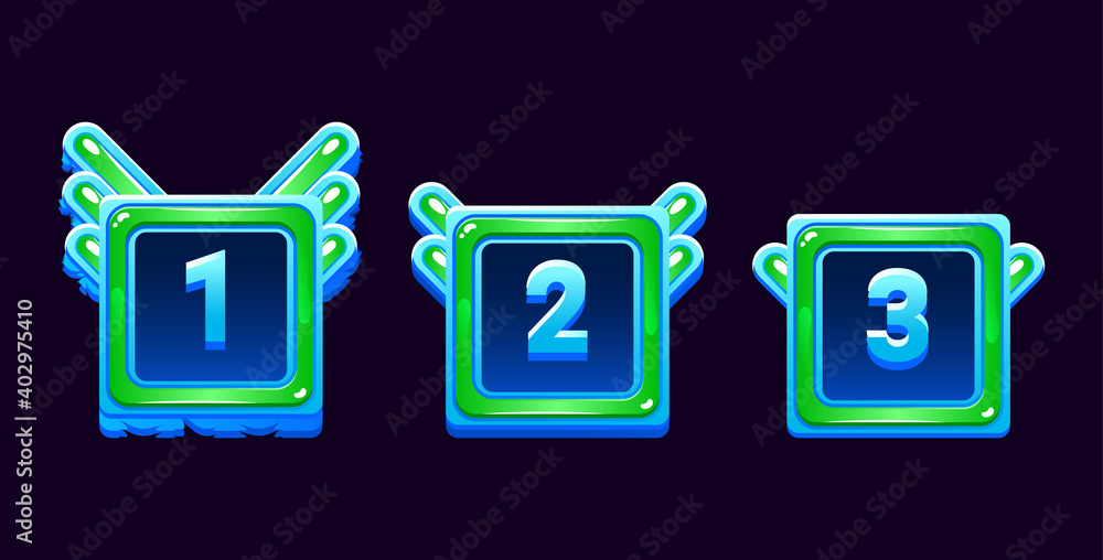 set of square game ui jelly frame awards medals with grade and ice ...