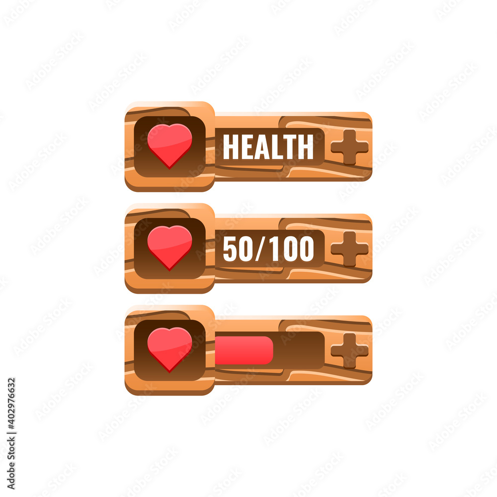 set of wooden game ui health bar with numeric and progress bar ...