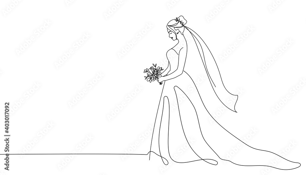 Vetor Bride holding a bouquet continuous line drawing.One line bride ...
