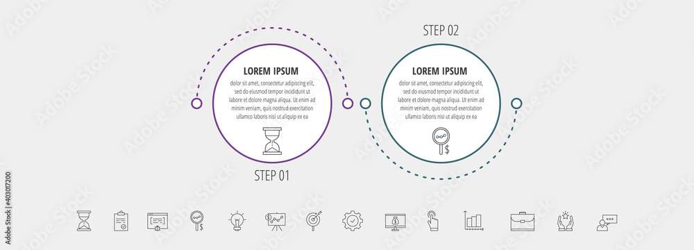 Circles vector line infographic with 2 step, icons. Timeline used for ...