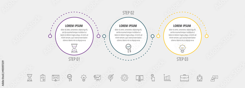 Circles vector line infographic with 3 step, icons. Timeline used for ...