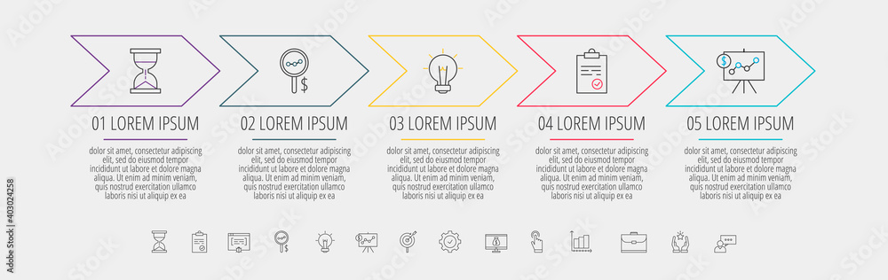 Arrows vector line infographic with 5 steps, icons. Timeline used for ...