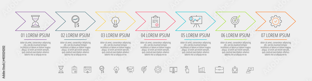 Arrows vector line infographic with 7 steps, icons. Timeline used for ...