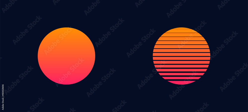 Sun gradient 80s in retro style. Vintage vector icon on dark background ...