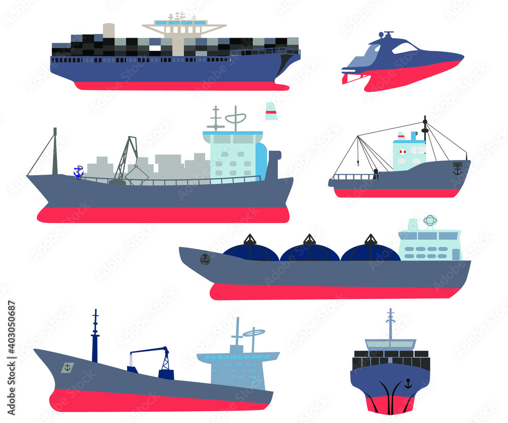 Maritime ships flat. Water carriage, vessels boats yacht ship ...