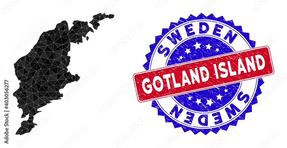 Gotland Island map polygonal mesh with filled triangles, and distress bicolor stamp imitation ...