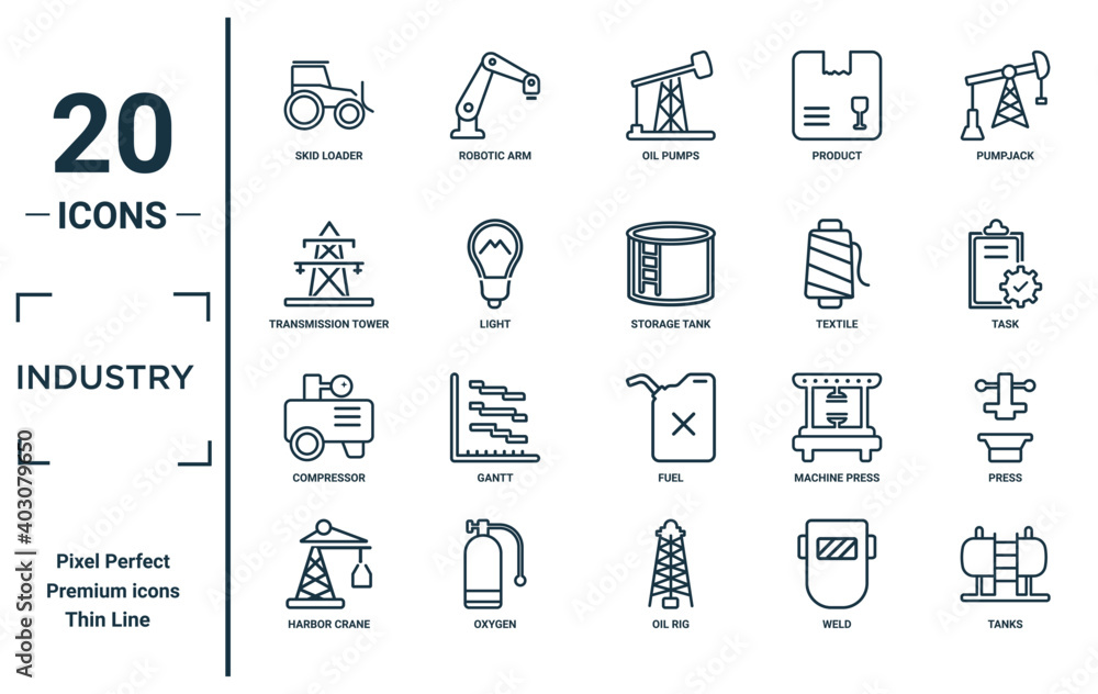 industry linear icon set. includes thin line skid loader, transmission ...