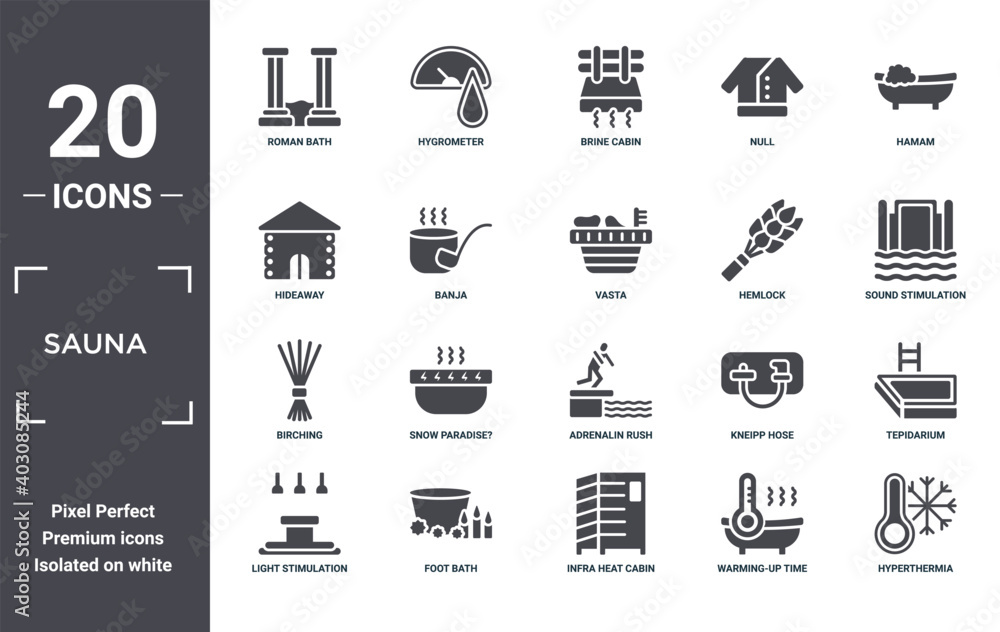 sauna icon set. include creative elements as roman bath, hamam, hemlock ...