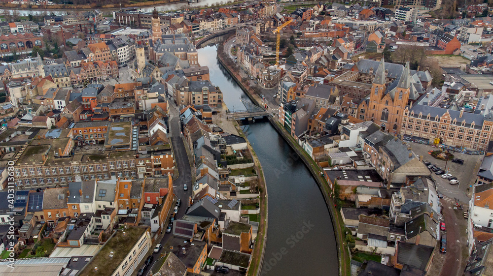 Aerial view of historic heart of Dendermonde, a town in East Flanders ...