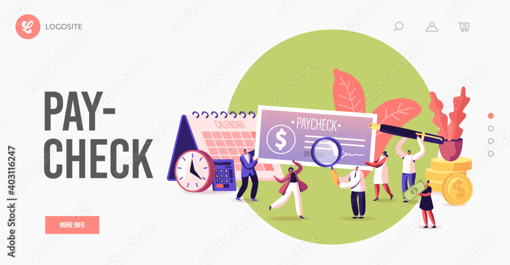 People Get and Signing Paycheck Landing Page Template. Characters with ...