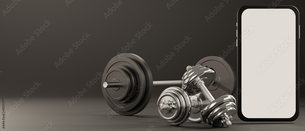 White screen mobile mockup with sport fitness equipment, dumbbells and ...
