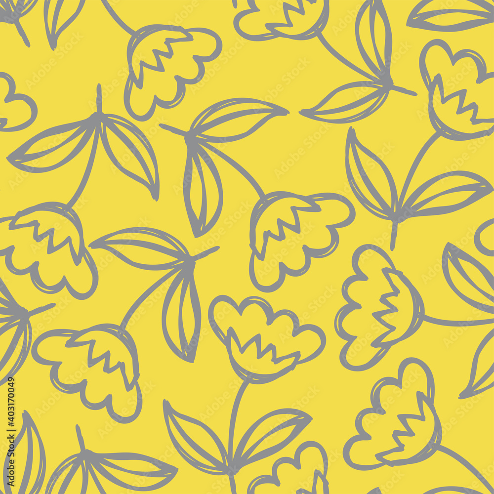 Floral yellow and gray seamless pattern. Hand drawn flowers. Vector ...